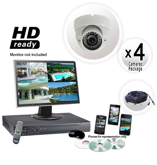 4 Dome Camera System, Vandal Proof Dome, 700 TV Line, White Cameras