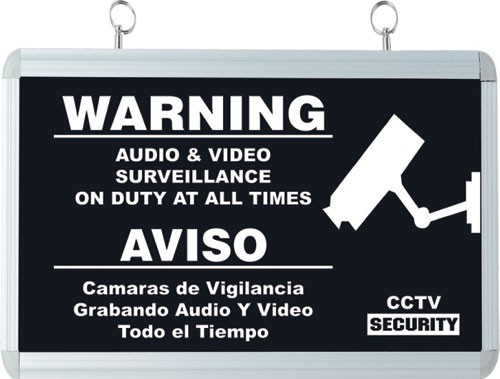 Double sided warning sign with flashing LED light